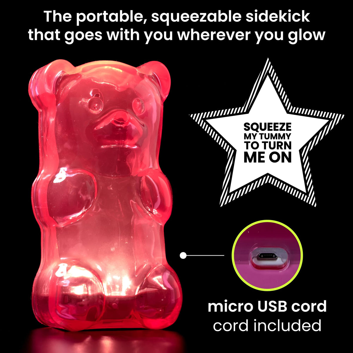 Squeezable Gummy Bear Night Light – Rechargeable (Pink) - Gifteee